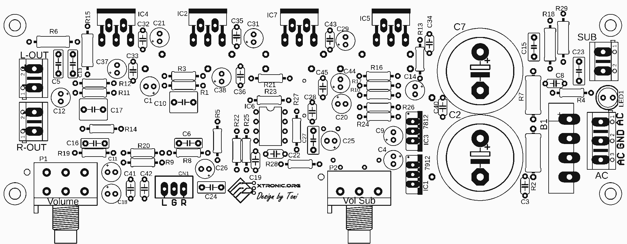 Tda2030-2.1-amplifier-subwoofer-Bridge-pcb-silk - Xtronic.org